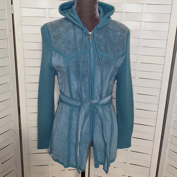Top Skin | Jackets & Coats | Vintage Top Skins Blue Suede Knit Cardigan ...